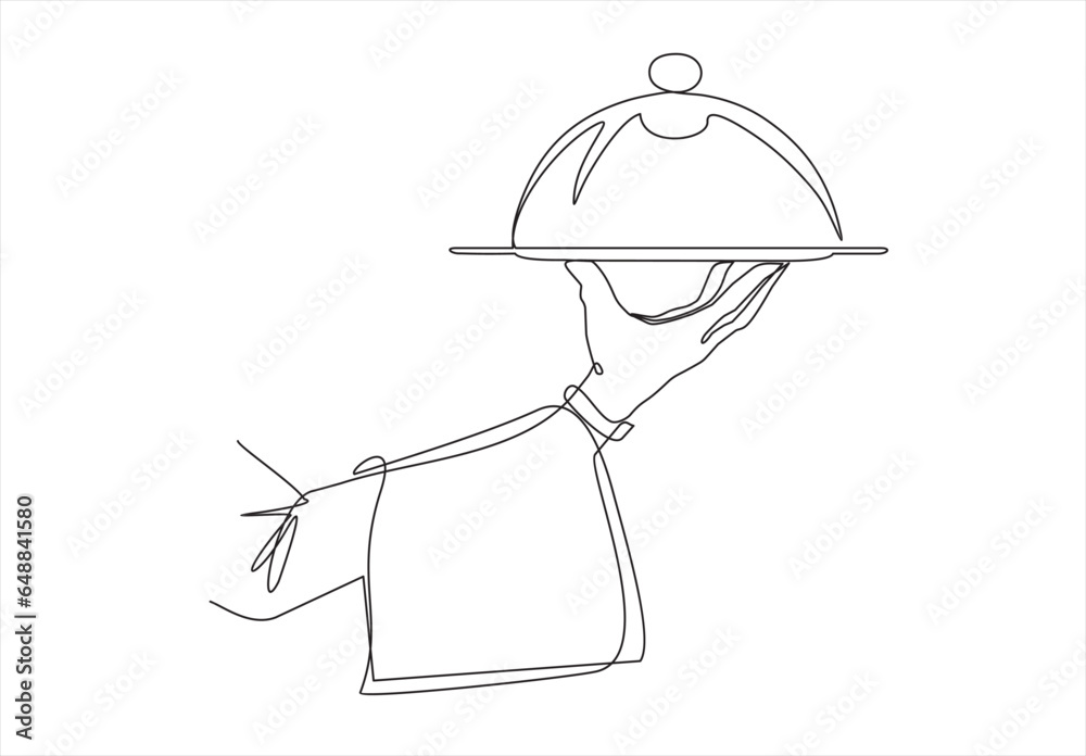 Hand Serving Tray of Food-continuous line drawing.The waiter carries ...