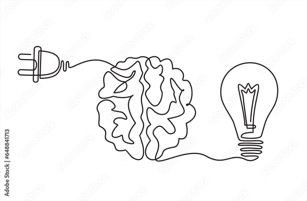 Continuous one line drawing of Human brain, light bulb and plug ...