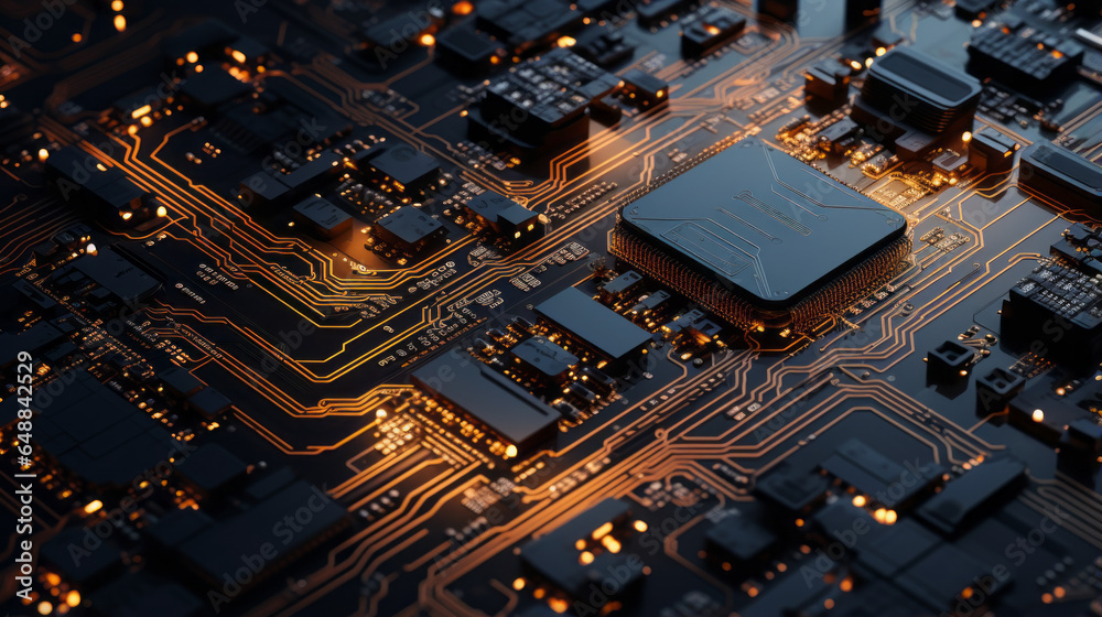 A close-up of a complex circuit board, its pathways and connections ...