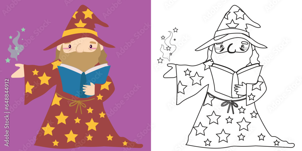 Colouring cute fairytale kingdom character. Coloring the male sorcerer ...