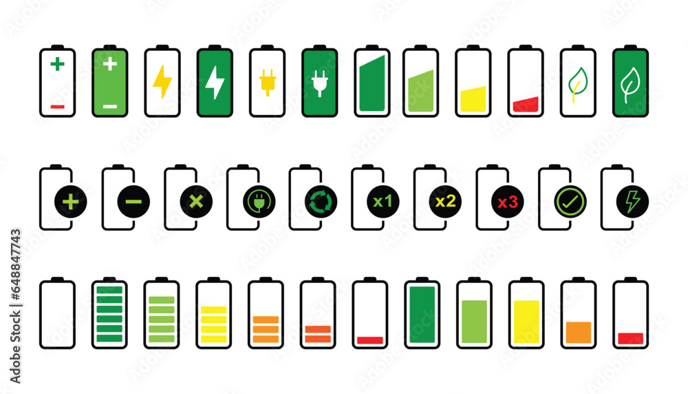 Battery icon set colorful. battery charge level color. battery Charging ...