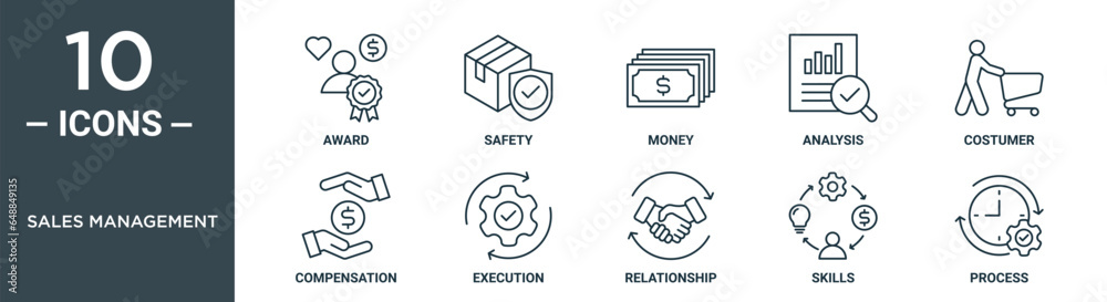 sales management outline icon set includes thin line award, safety ...