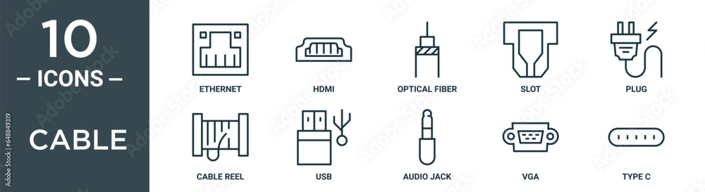 cable outline icon set includes thin line ethernet, hdmi, optical fiber, slot, plug, cable reel ...