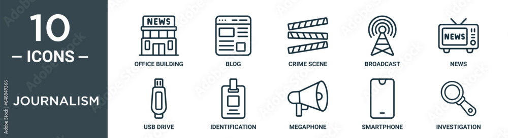 journalism outline icon set includes thin line office building, blog, crime scene, broadcast ...