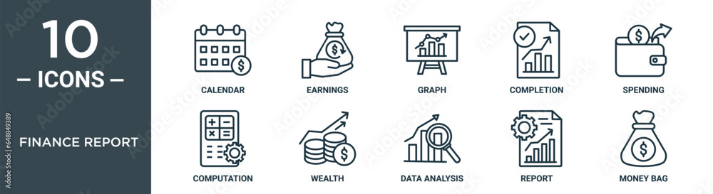 finance report outline icon set includes thin line calendar, earnings ...