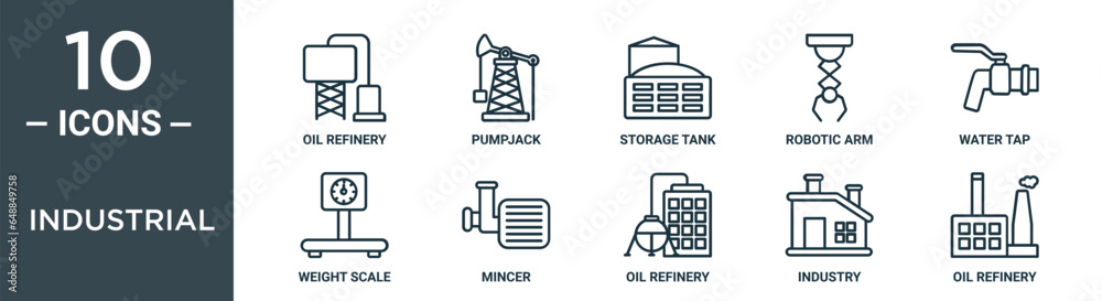industrial outline icon set includes thin line oil refinery, pumpjack ...