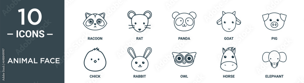 animal face outline icon set includes thin line racoon, rat, panda ...