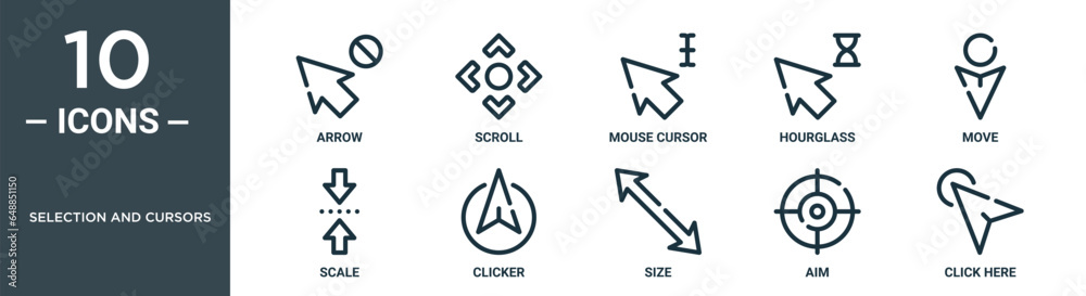 selection and cursors outline icon set includes thin line arrow, scroll, mouse cursor, hourglass ...