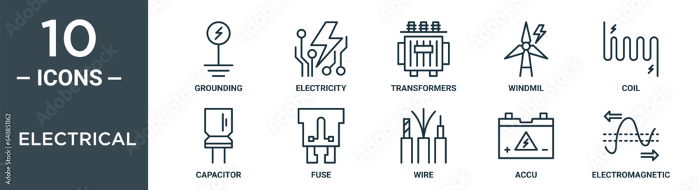 electrical outline icon set includes thin line grounding, electricity ...