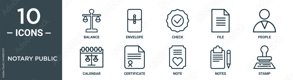 Vetor de notary public outline icon set includes thin line balance ...