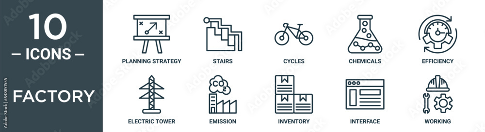 factory outline icon set includes thin line planning strategy, stairs ...