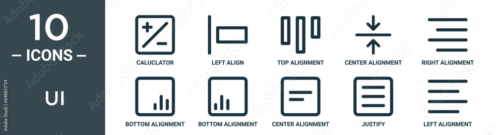 ui outline icon set includes thin line caluclator, left align, top alignment, center alignment ...