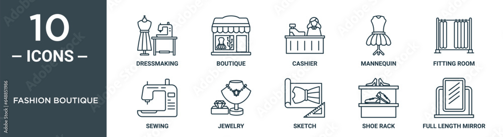 fashion boutique outline icon set includes thin line dressmaking ...