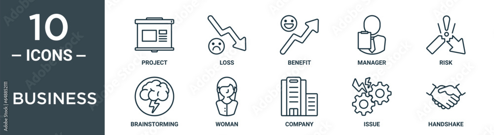 Vetor de business outline icon set includes thin line project, loss ...