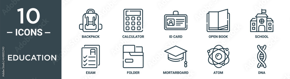 education outline icon set includes thin line backpack, calculator, id ...