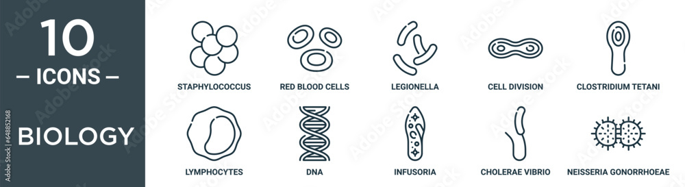 biology outline icon set includes thin line staphylococcus, red blood ...