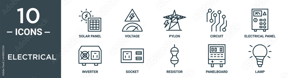 electrical outline icon set includes thin line solar panel, voltage ...