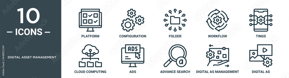 Vetor de digital asset management outline icon set includes thin line ...