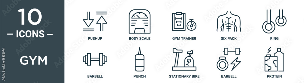 gym outline icon set includes thin line pushup, body scale, gym trainer ...