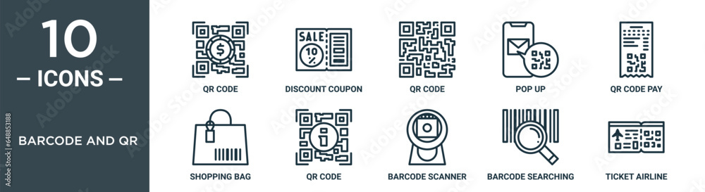 barcode and qr outline icon set includes thin line qr code, discount ...