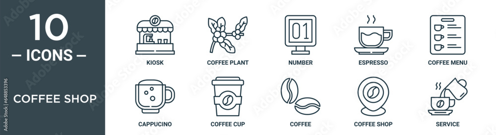 coffee shop outline icon set includes thin line kiosk, coffee plant ...