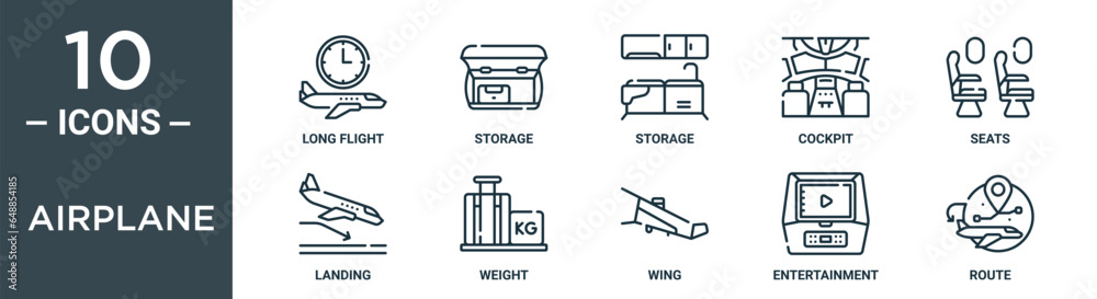 airplane outline icon set includes thin line long flight, storage ...