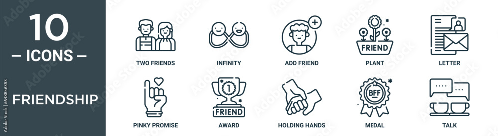 friendship outline icon set includes thin line two friends, infinity ...