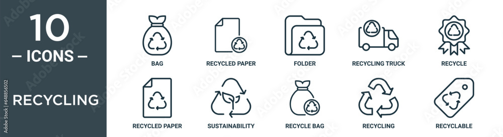 recycling outline icon set includes thin line bag, recycled paper ...