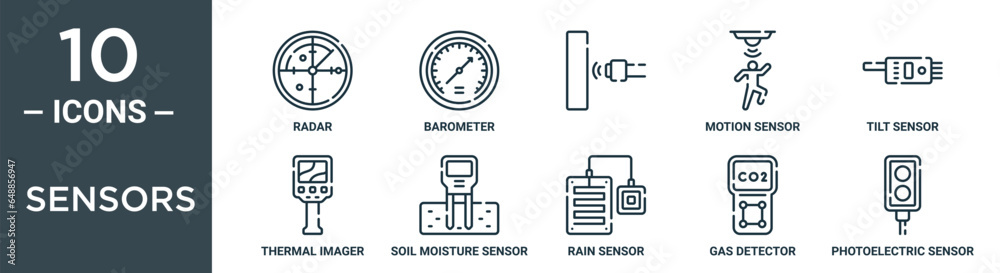 sensors outline icon set includes thin line radar, barometer, , motion ...