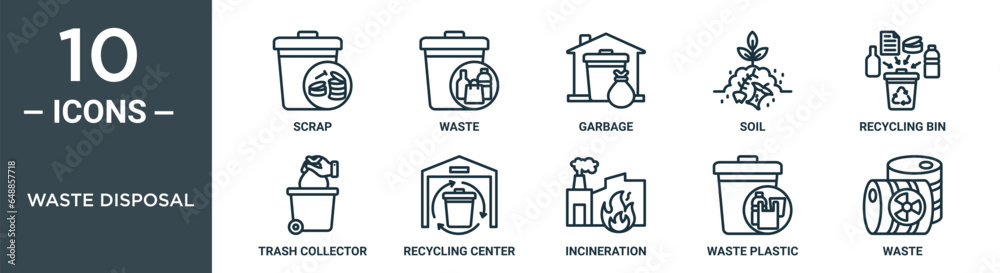 waste disposal outline icon set includes thin line scrap, waste ...