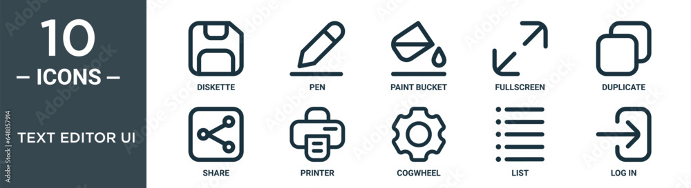 text editor ui outline icon set includes thin line diskette, pen, paint ...