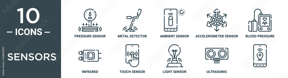 sensors outline icon set includes thin line pressure sensor, metal ...
