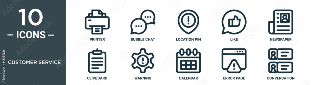 customer service outline icon set includes thin line printer, bubble ...