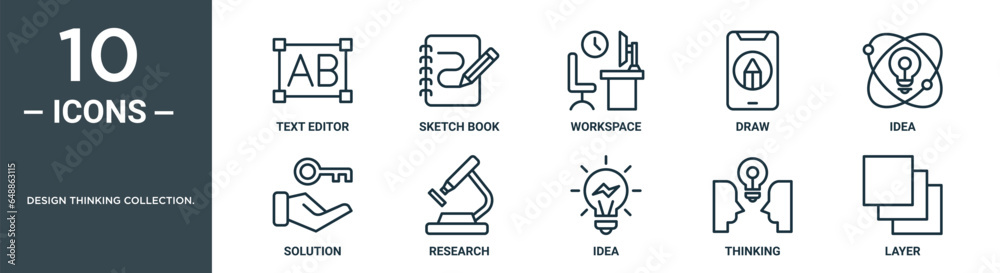Design Thinking Collection Outline Icon Set Includes Thin Line Text Editor Sketch Book