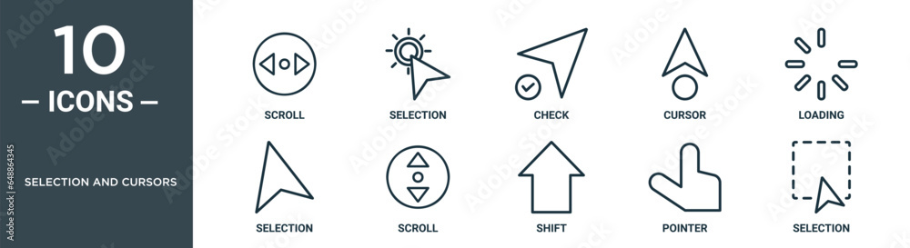 selection and cursors outline icon set includes thin line scroll, selection, check, cursor ...