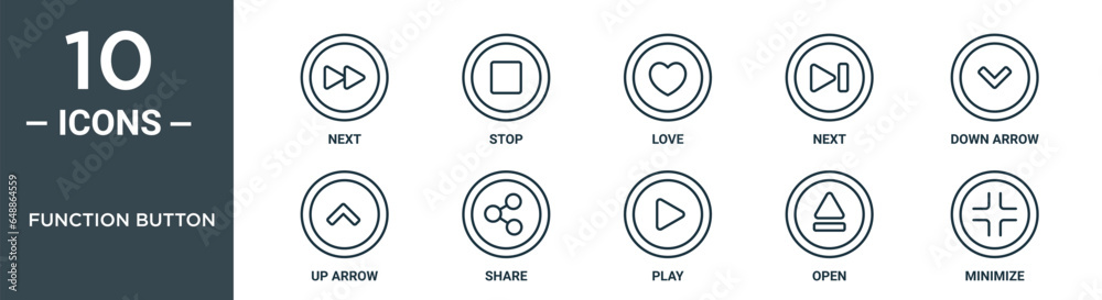 function button outline icon set includes thin line next, stop, love ...