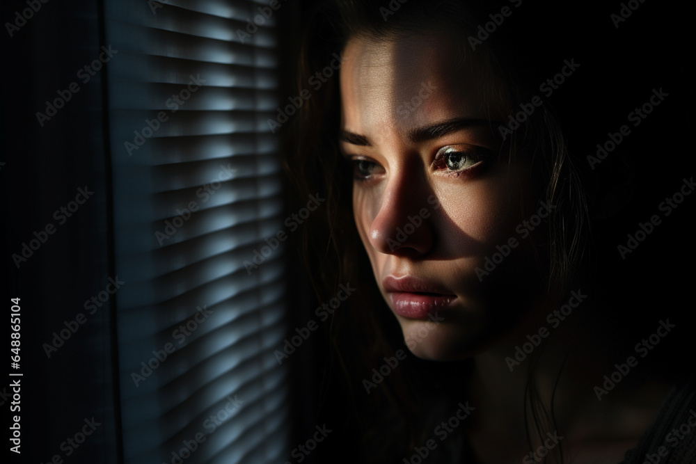 Dramatic Portrait of Woman crying at night dark window, low key ...