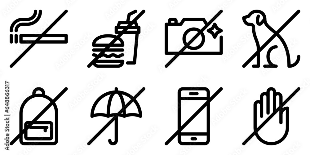 Set of prohibition line signs. No smoking, food and drinks, flash ...