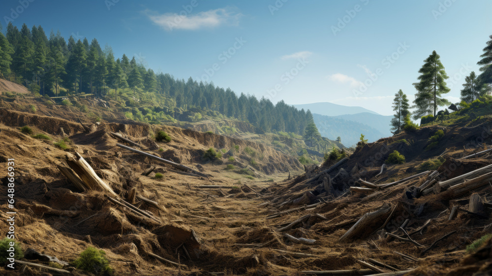 A deforested hillside susceptible to landslides, illustrating the ...