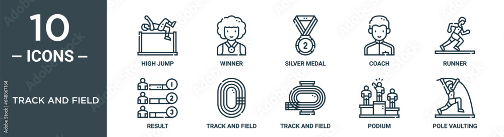track and field outline icon set includes thin line high jump, winner ...