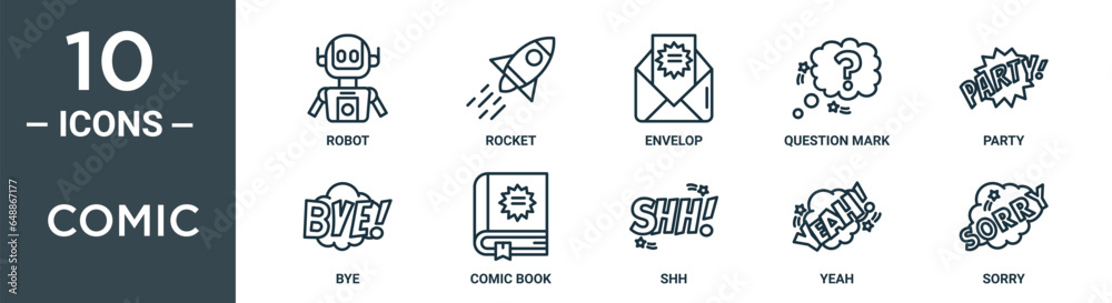 comic outline icon set includes thin line robot, rocket, envelop ...