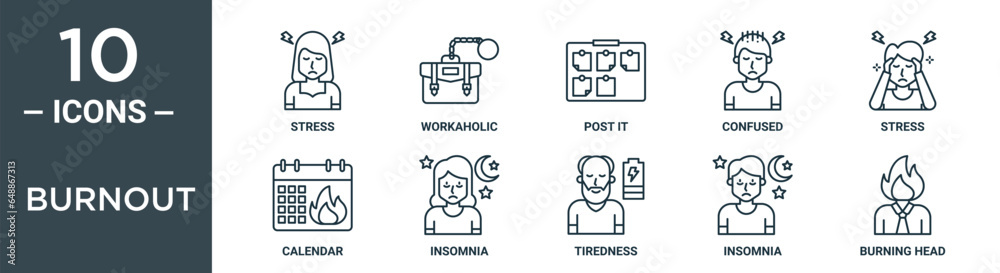 burnout outline icon set includes thin line stress, workaholic, post it ...