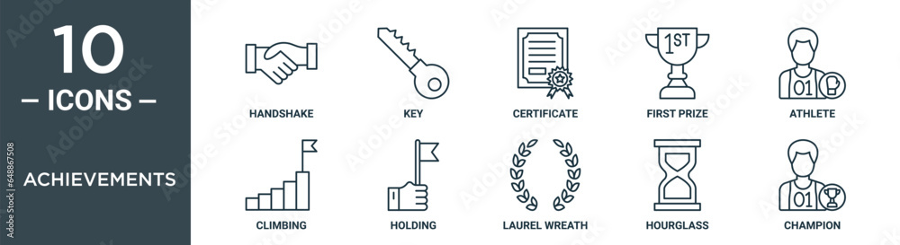 achievements outline icon set includes thin line handshake, key ...
