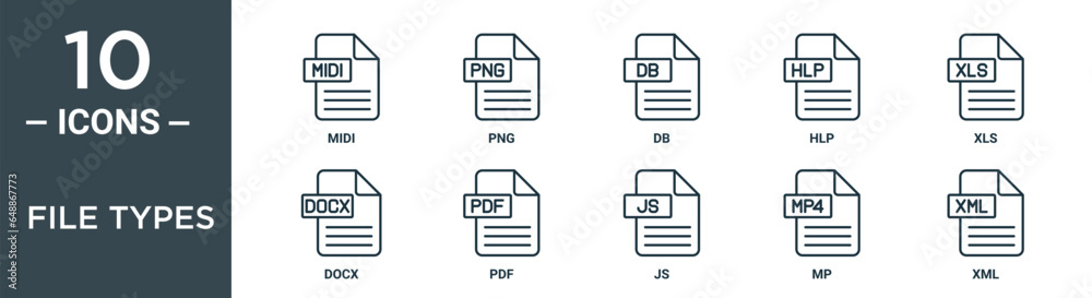 file types outline icon set includes thin line midi, png, db, hlp, xls ...