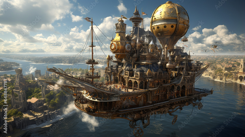 A detailed, hand-painted map of a steampunk world, complete with ...