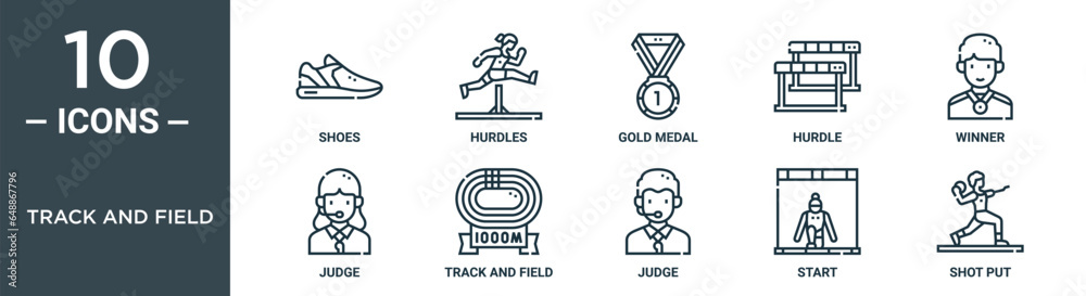 track and field outline icon set includes thin line shoes, hurdles ...