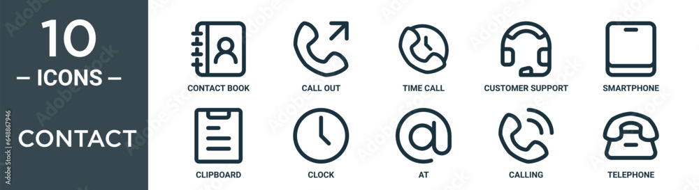 contact outline icon set includes thin line contact book, call out ...