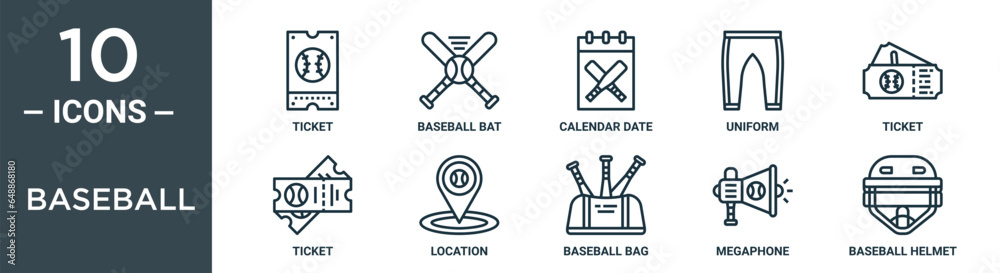 baseball outline icon set includes thin line ticket, baseball bat ...