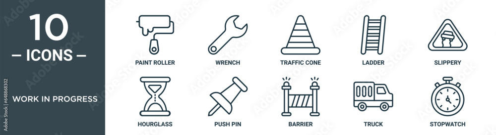 work in progress outline icon set includes thin line paint roller ...