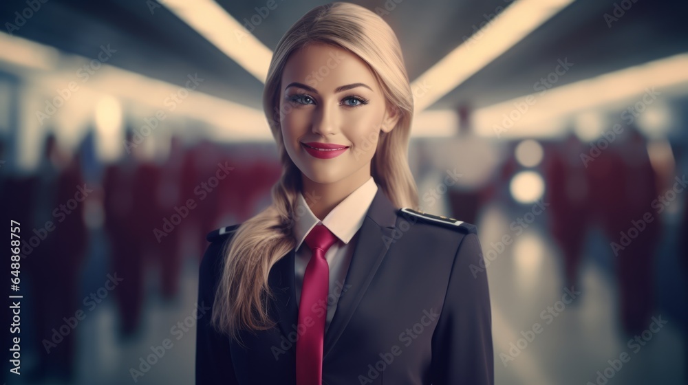 Beautiful blonde woman pilot standing in the airport and smiling ...